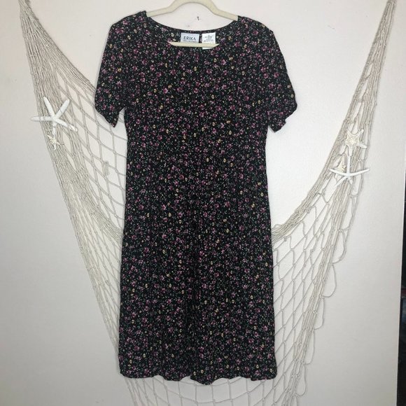 Erika | Dresses | Vintage 98s Erika Collection Cottage Core Black Ditsy ...